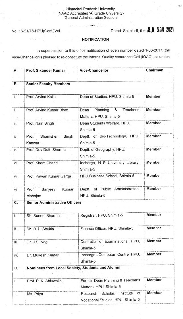 IQAC Committee | Himachal Pradesh University Shimla, India